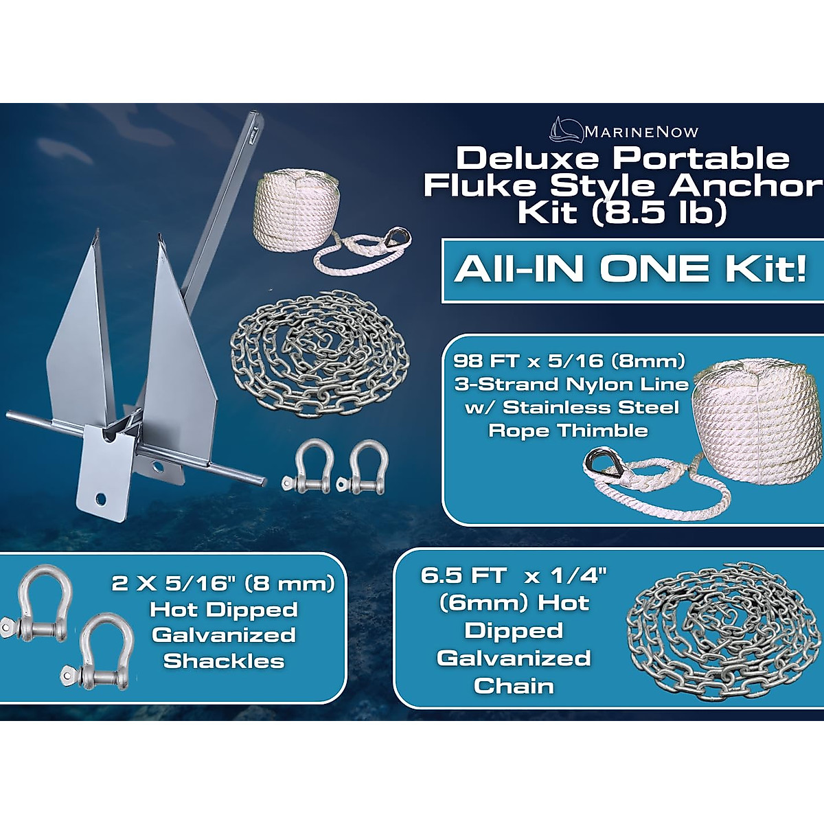 MarineNow Deluxe Portable 8.5 lb Fluke Style Anchor Kit for 15' - 24' Boat