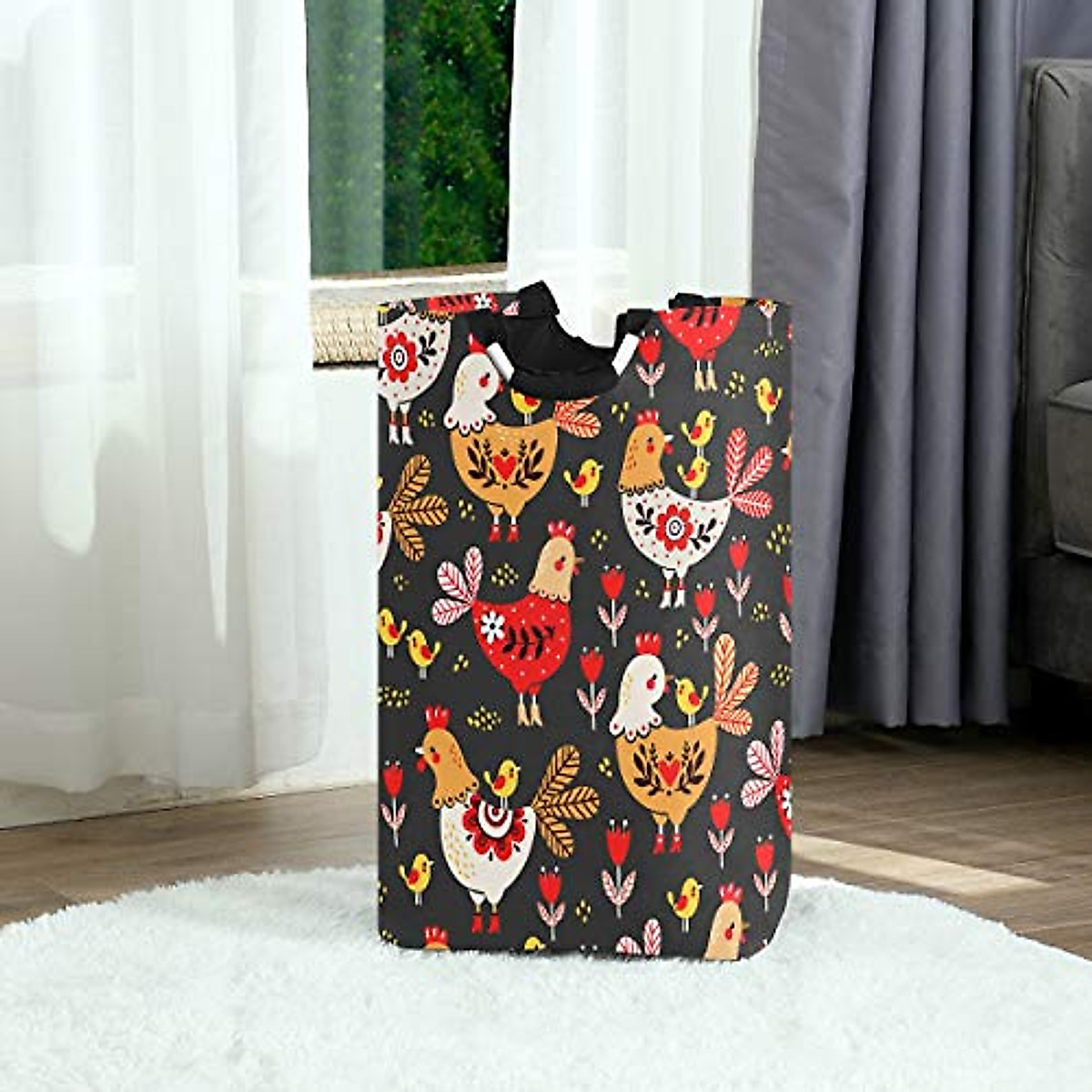 MOYYO Cute Rooster Chickens Laundry Basket Collapsible Laundry Hamper Fabric Laundry Bin Large Dirty Clothes Basket with Durable Handles for Kid Room Toy Bin Bathroom Clothing Organizer