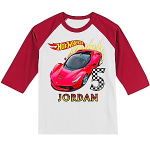 Personalized Hot Race Car Birthday Shirt | Personalized with Name and Age | Unisex 3/4 Sleeve Raglan T-Shirt