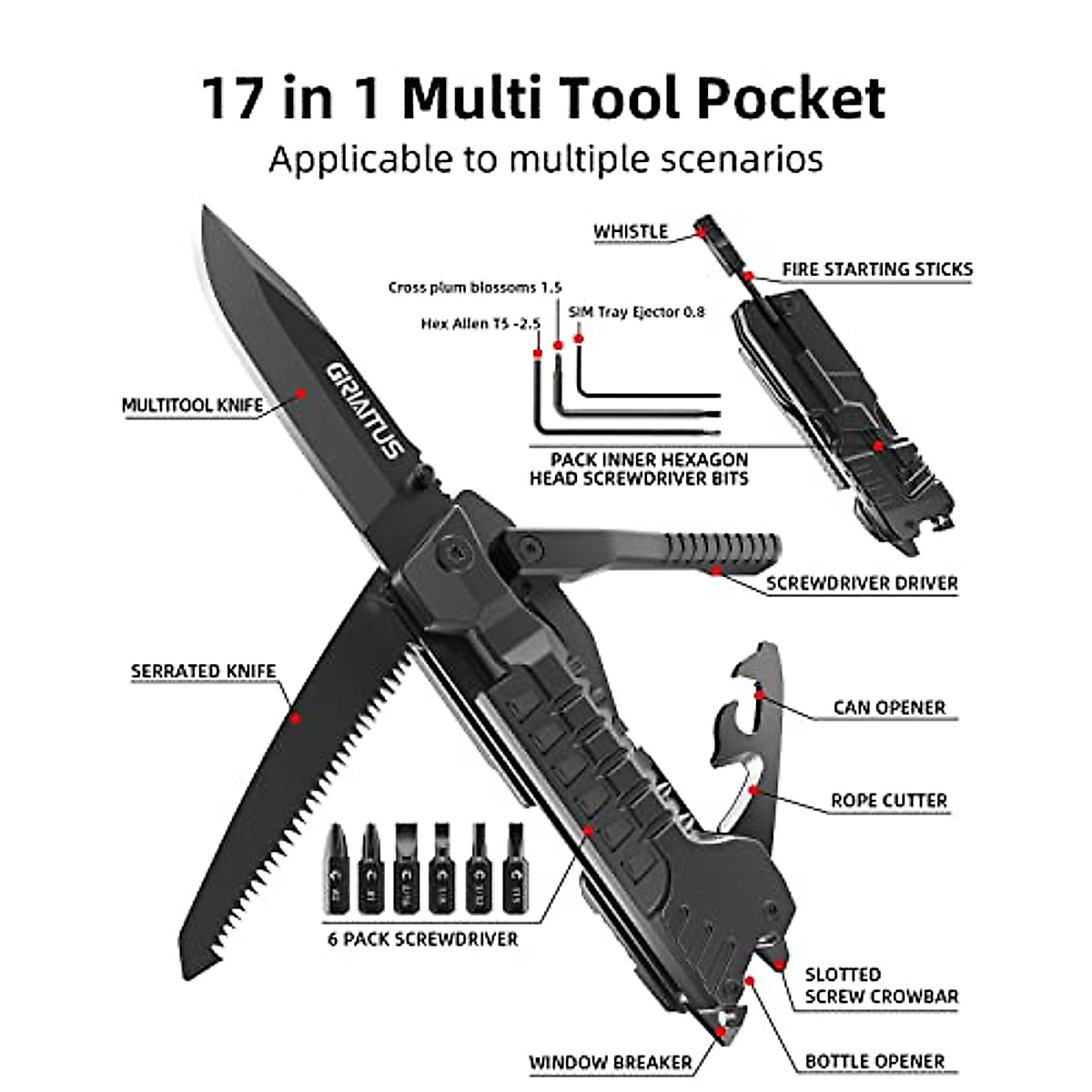 Multitool Knife 17 in 1Fire Starting Sticks, Bottle Opener, Saw Screwdrivers Bottle Opener, Whistle, Window Breaker and More -Perfect for Camping, Outdoorl, Survival and Everyday Use,Gifts for Men Dad