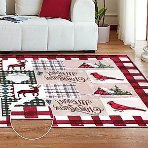 WONGS BEDDING Area Rug 5' x 7' Christmas Cardinal Washable Bedroom Rug Holiday Entryway Indoor Non-Slip Mat Small Throw Rugs for Kitchen Living Room Low-Pile Outdoor Floor Decoration Carpet