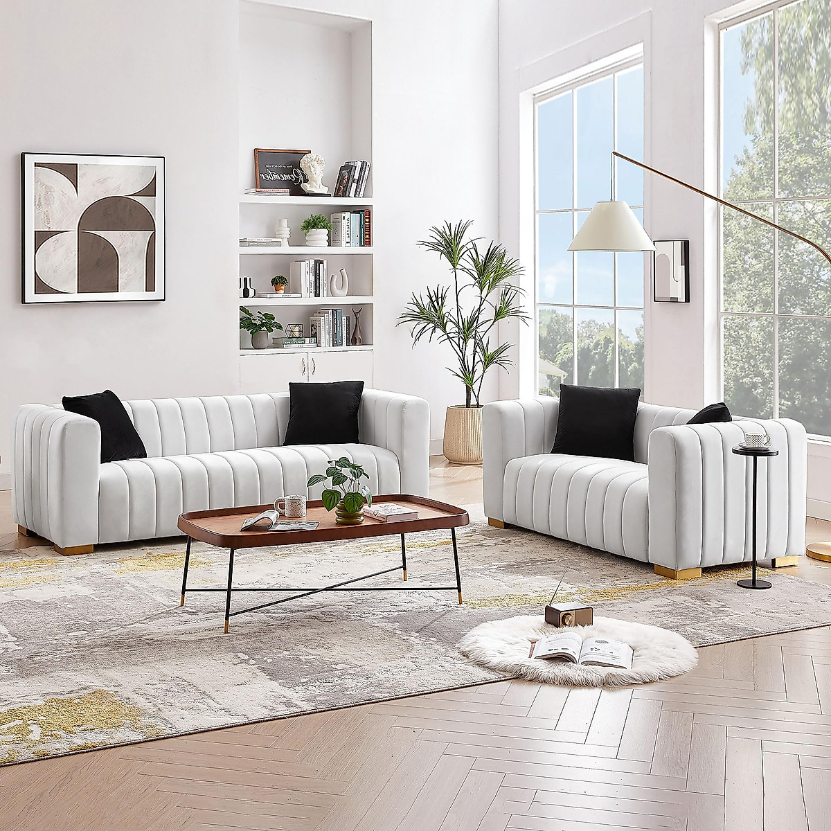 kevinplus 87.8'' Velvet Sectional Sofa Couch for Living Room, Modern Contemporary Chesterfield 3-Seat Sofa Couch for Apartment Bedroom Office, Strong Gold Metal Legs, 2 Pillows, White