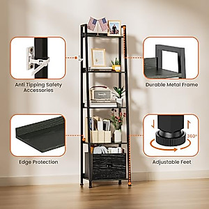 RbhAuto Upgraded Ladder Shelf, 5-Tier Elevated Ladder Bookshelf with Drawers, 63" Tall Bookshelf Ladder Shelf Bookcase, Standing Storage Ladder Shelves for Bedroom, Living Room, Home Office, Black Oak
