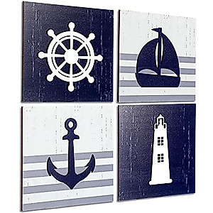 4 Pieces Nautical Wall Decor Anchor Ship Wheel Sailboat Lighthouse Wooden Sign Rustic Beach 3D Wood Print Sign Beach Bathroom Wooden Plaque Decor Ocean Coastal Theme Ocean Decor (Dark Blue, White)