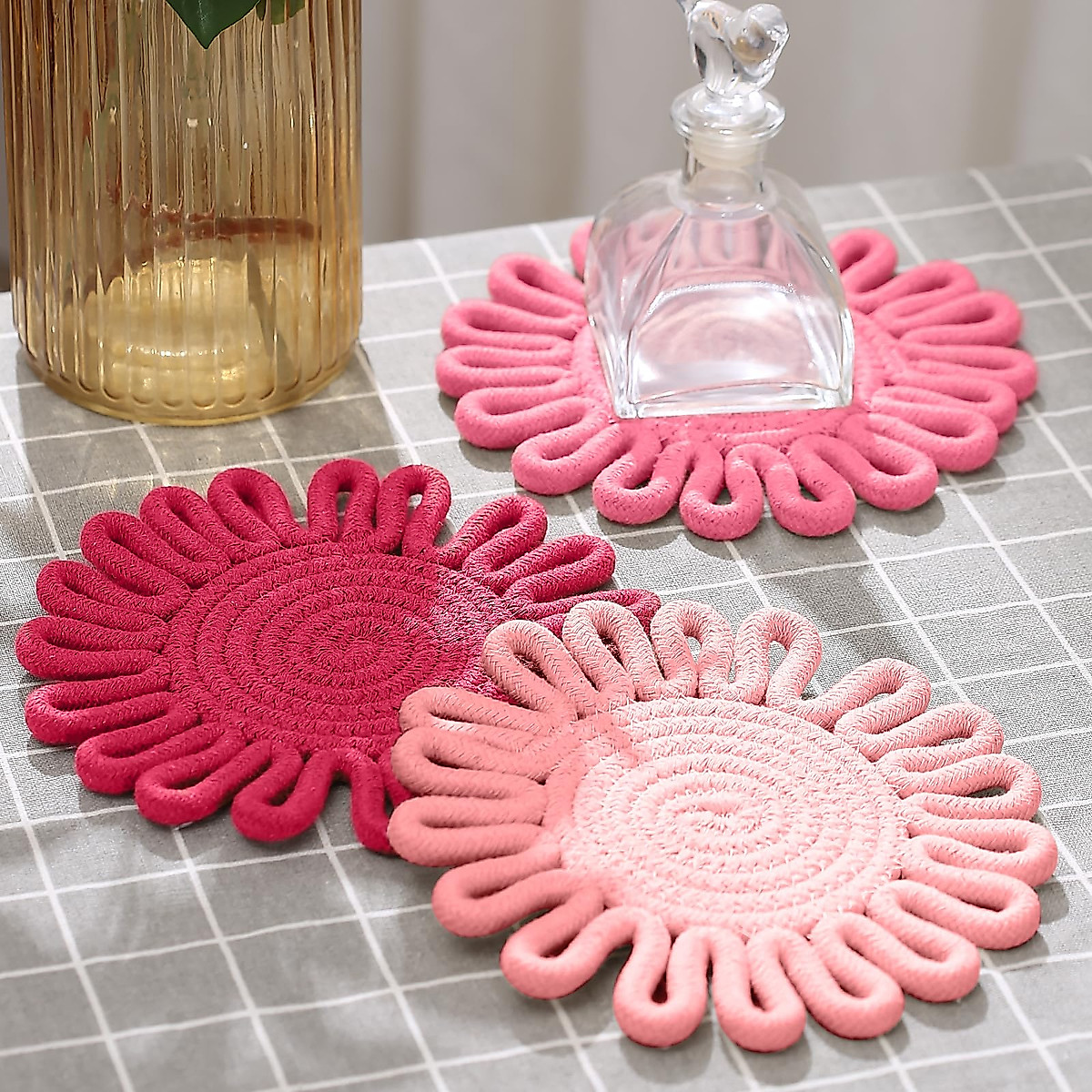 Trivets for Hot Pots and Pans, Trivets for Hot Dishes,Potholders for Kitchen,Hot Pads Hot Mats,Table Decorations,Set of 3, 100% Cotton,7.5"(Pink)