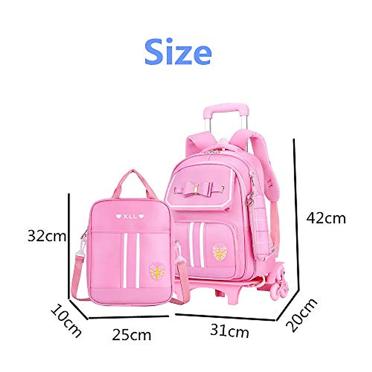 3Pcs Bowknot Princess Style Trolley School Book Bag for Girls Boys Wheeled Backpack with 6 Wheels