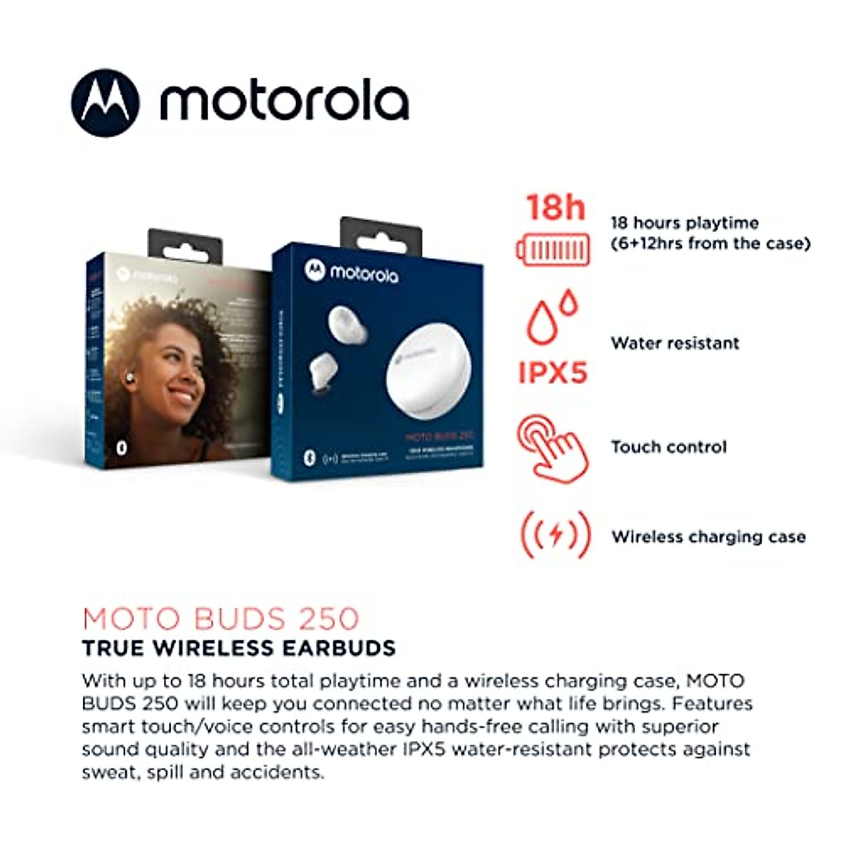 Motorola Moto Buds 250-True Wireless Bluetooth Earbuds with Microphone and Wireless Charging Case - IPX5 Water Resistant, Smart Touch-Control, Lightweight Comfort-Fit, Clear Sound, Deep Bass - White