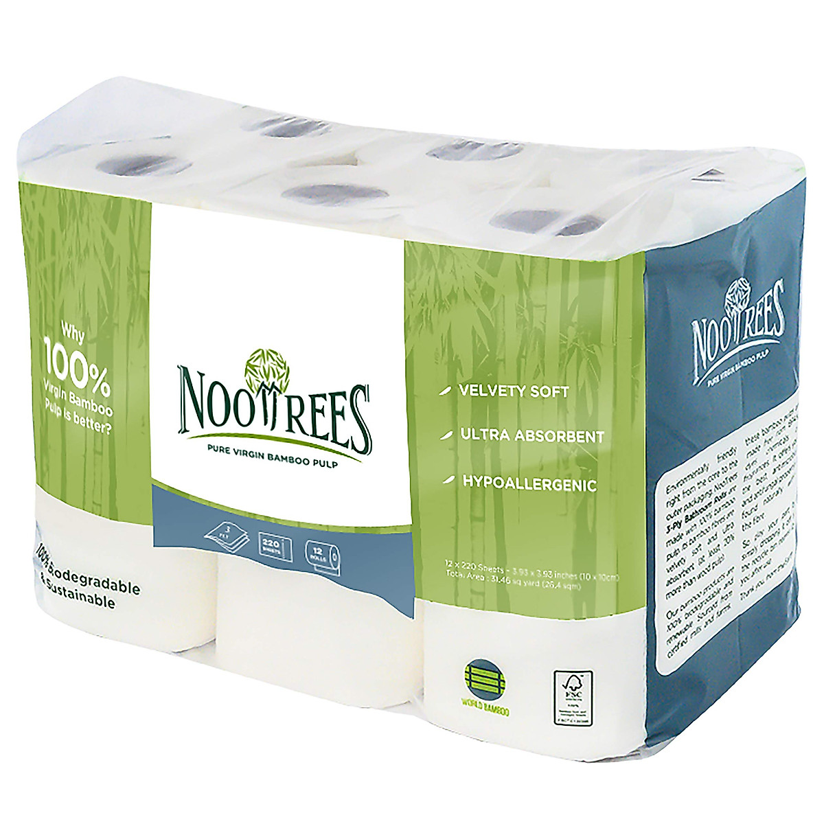 NooTrees Bamboo Toilet Tissue, Tree Free, 100% Biodegradable, Sustainable, Renewable and FSC Certified 3-ply Toilet Paper, 220 Sheets, 12 Rolls, Pack of 1