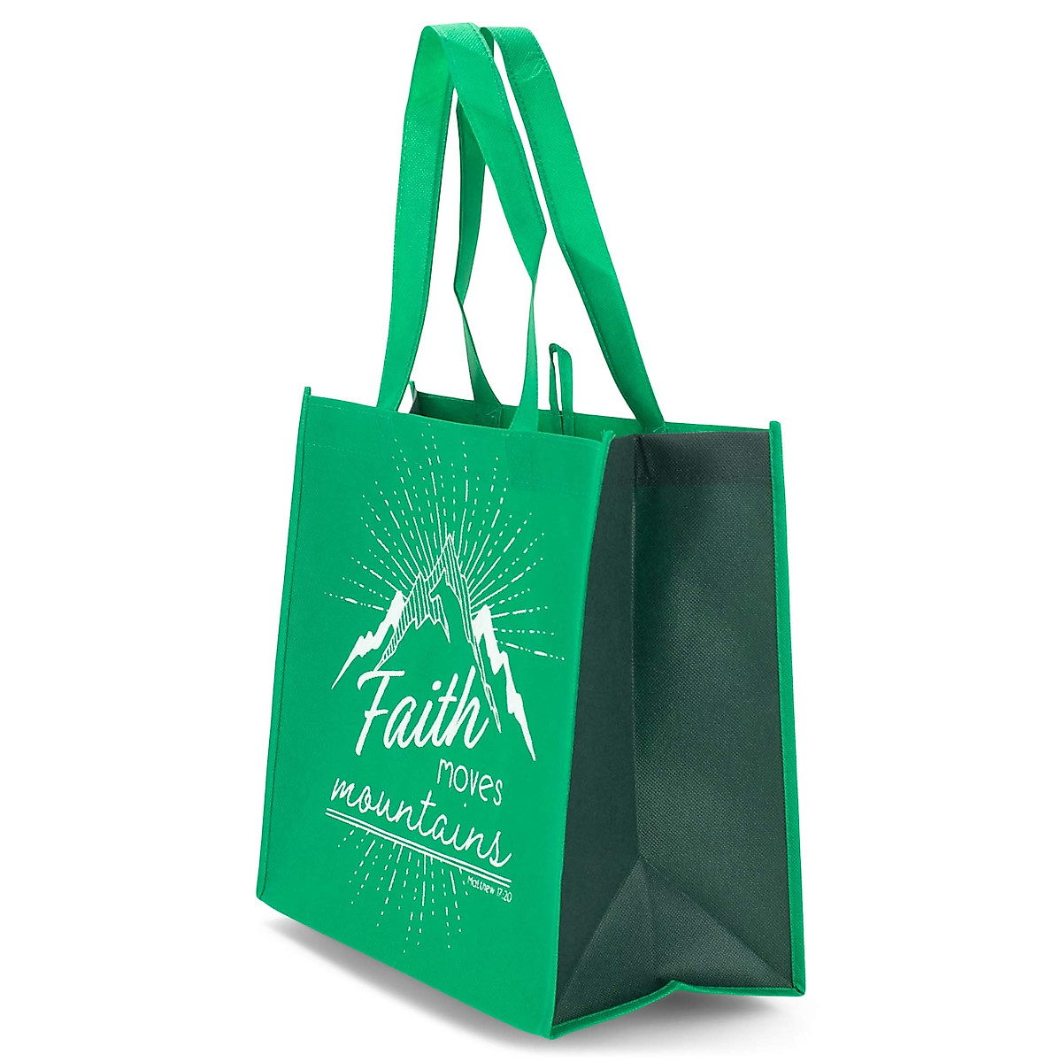 Faith Moves Mountains Scripture Green 12.5 x 12 Canvas Fabric Eco Tote Handbag