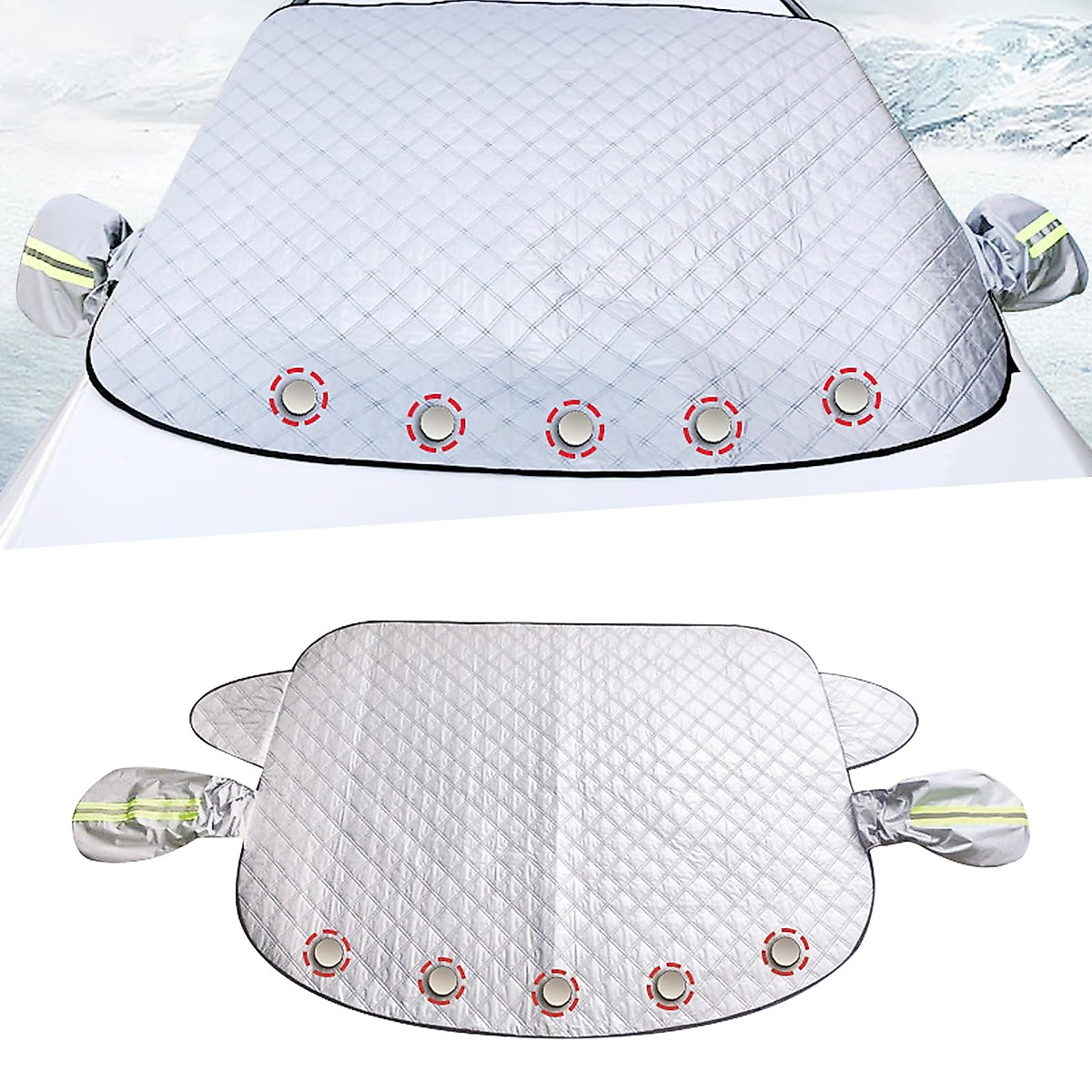 Dewkou 1 PC Car Windshield Sunshade, 61.8" x 49.6" Thickened Ice and Snow Frost Protection Cover, Anti-UV Insulation with Rearview Mirror Safety Glow Strip, Universal Accessories for Cars (Silver)