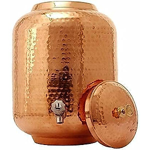 Golden Drops Pure Hammered Copper Water Dispenser with Tap & Stand Matka Water Jug Copper Pot 5 Liter With 2 Copper Hammered Water Glasses, Brown, Dispenser - 5 liter