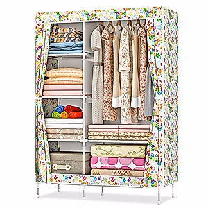 QUMENEY Wardrobe Storage Closet, Portable Clothes Standing Shelves Organizer, Extra Strong and Durable Non-Woven Fabric Rack with Hanging Rods, Quick and Easy to Assemble (Flower)