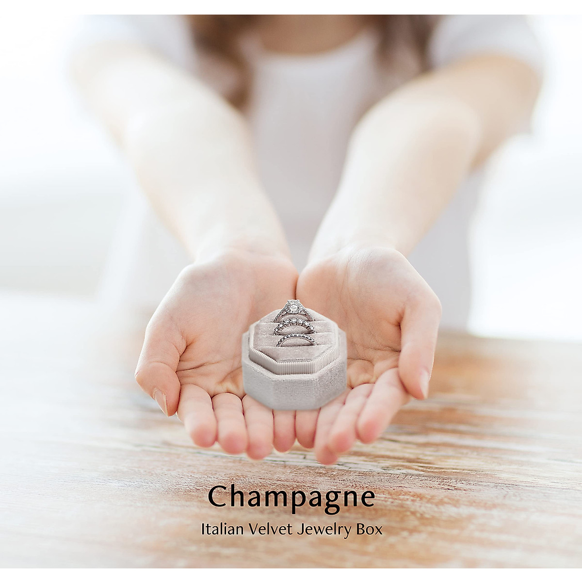 BLUTETE Velvet 3 Slots Jewelry Ring Box Engagement Wedding Box Keepsake Box Bridal Photo Ring Triple Slots Octagon (Champagne)