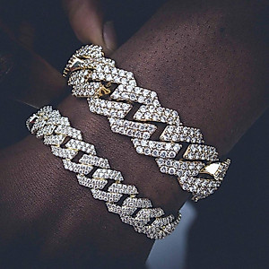 TOPGRILLZ 14mm 6 Times 14K Gold Plated Iced out Lab Diamond Miami Cuban Link Bracelet for Men with Box Clasp Hip Hop (7, rhodium-plated)