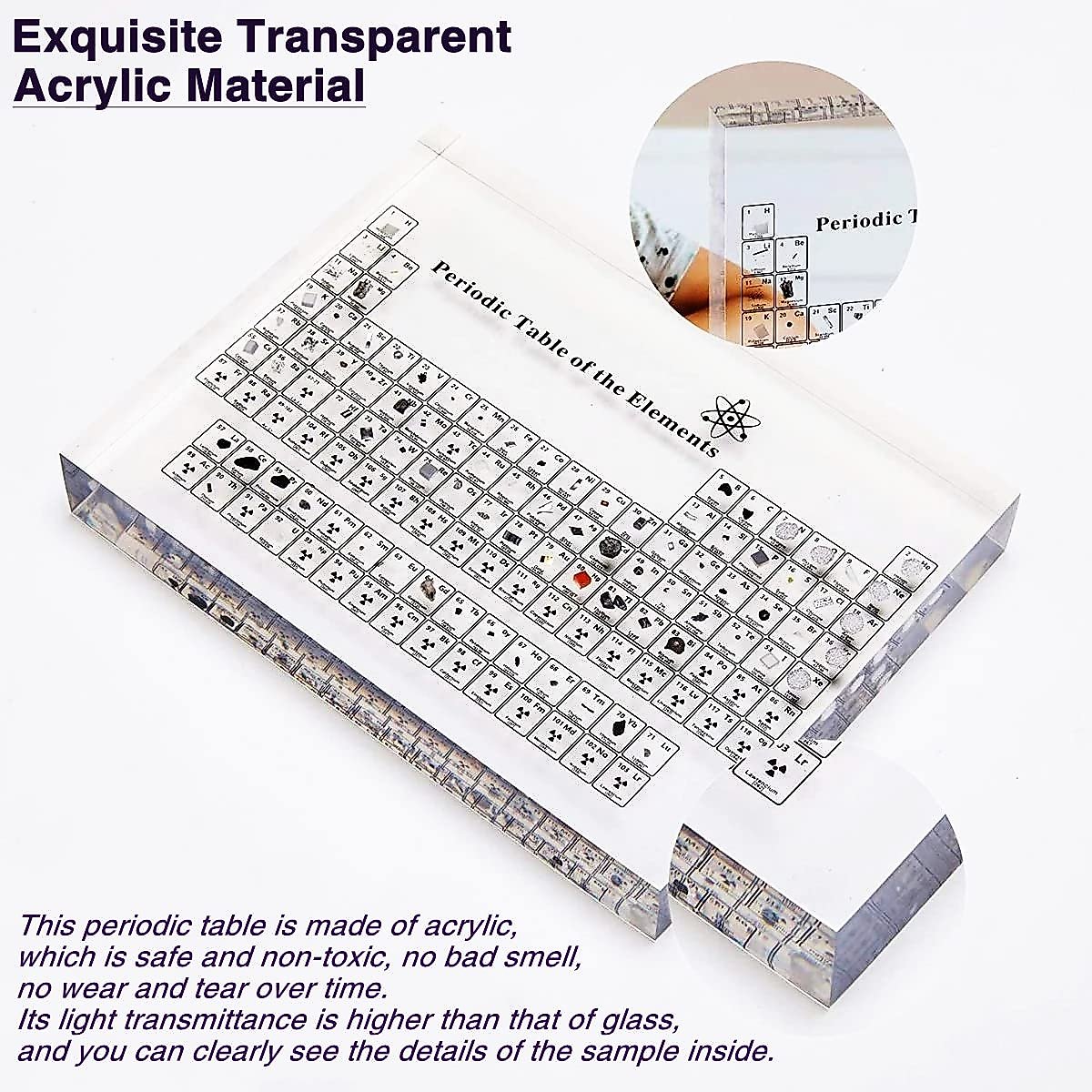 Periodic Table with Real Elements Inside, Acrylic Periodic Table Display with 83 Real Element Samples, 360° Rotating Frame Display, Remarkable Gift for Kids Adults Teachers - 9.05"x1.96"x6.3"