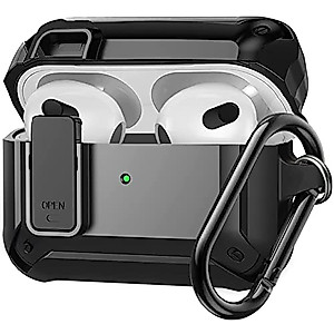 Olytop AirPods 3rd Generation Case with Lock Lid, Armor AirPod 3 Case Cover Full-Body Rugged Protective Case Shockproof Cover Men with Carabiner for Apple Airpods 3rd Gen Case-Black