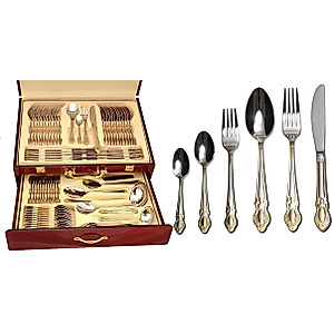 Venezia Collection "Michelangelo" 75-Piece Fine Flatware Set, Silverware Cutlery Dining Service for 12, Premium 18/10 Surgical Stainless Steel, 24K Gold-Plated Hostess Serving Set, Wooden Storage Case