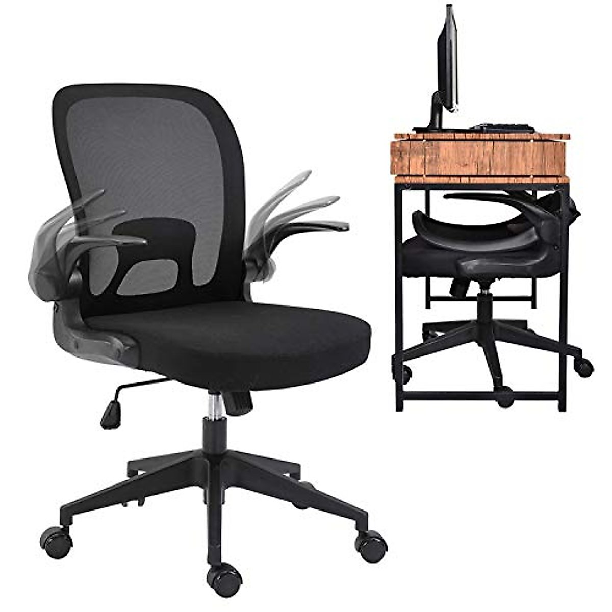 URRED Ergonomic Office Chair Mesh with Foldable Backrest, Mesh Home Office Computer Task Desk Chairs with Adjustable Arms and 360 Degree Universal Wheels (Black)