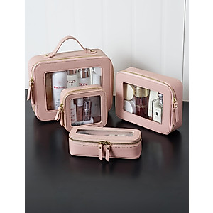 Small Makeup Bag for Purse Mini Cosmetic Bag Clear Pink Square Pouch for School Cute Leather Make Up Case Travel Organizer for Backpack Tiny Toiletry Bag with Zipper for Car Essentials Women Girls