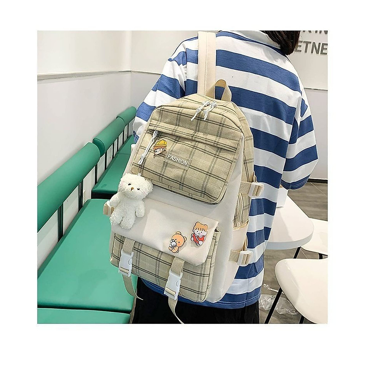 5Pcs Kawaii School Backpacks Combo Cute Bear Pendant Pins Plaid Check Back To School Supplies Canvas Schoolbag Daypack (Khaki)