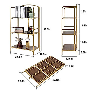 Crofy No Assembly Folding Bookshelf, 3 Tier Gold Bookshelf, Metal Book Shelf /Bookcase for Office Organization and Storage, 12.6 D x 22.44 W x 42.13 H Inches
