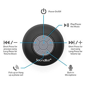 Soundbot SB510 Bluetooth Shower Speaker HD Water Resistant Bathroom Speakers, Handsfree Portable Speakerphone with Built-in Mic, 6hrs of Playtime, Control Buttons and Dedicated Suction Cup (Black)