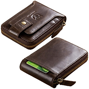 BULLCAPTAIN Men’s Genuine Leather Wallet,RFID Blocking Zip Around Bifold Multi Purse Cowhide Leather Vintage Secure Card Holder with ID Window (Brown)