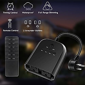 Outdoor Dimmer for String Lights, Remote Control Light Dimmer Plug in, Light Timer Outdoor Waterproof, Wireless 100FT Range with 2 Grounded Outlets for Dimmable LED/Tungsten Bulb/Patio Lights