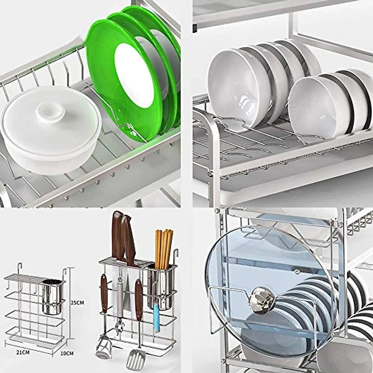 ZJYWMM 304 Stainless Steel Kitchen Dish Drain Rack, Dry Tableware Cupboard Double-Layer Storage Box, with Draining Tray, Storage Knife Cutting Board Holder