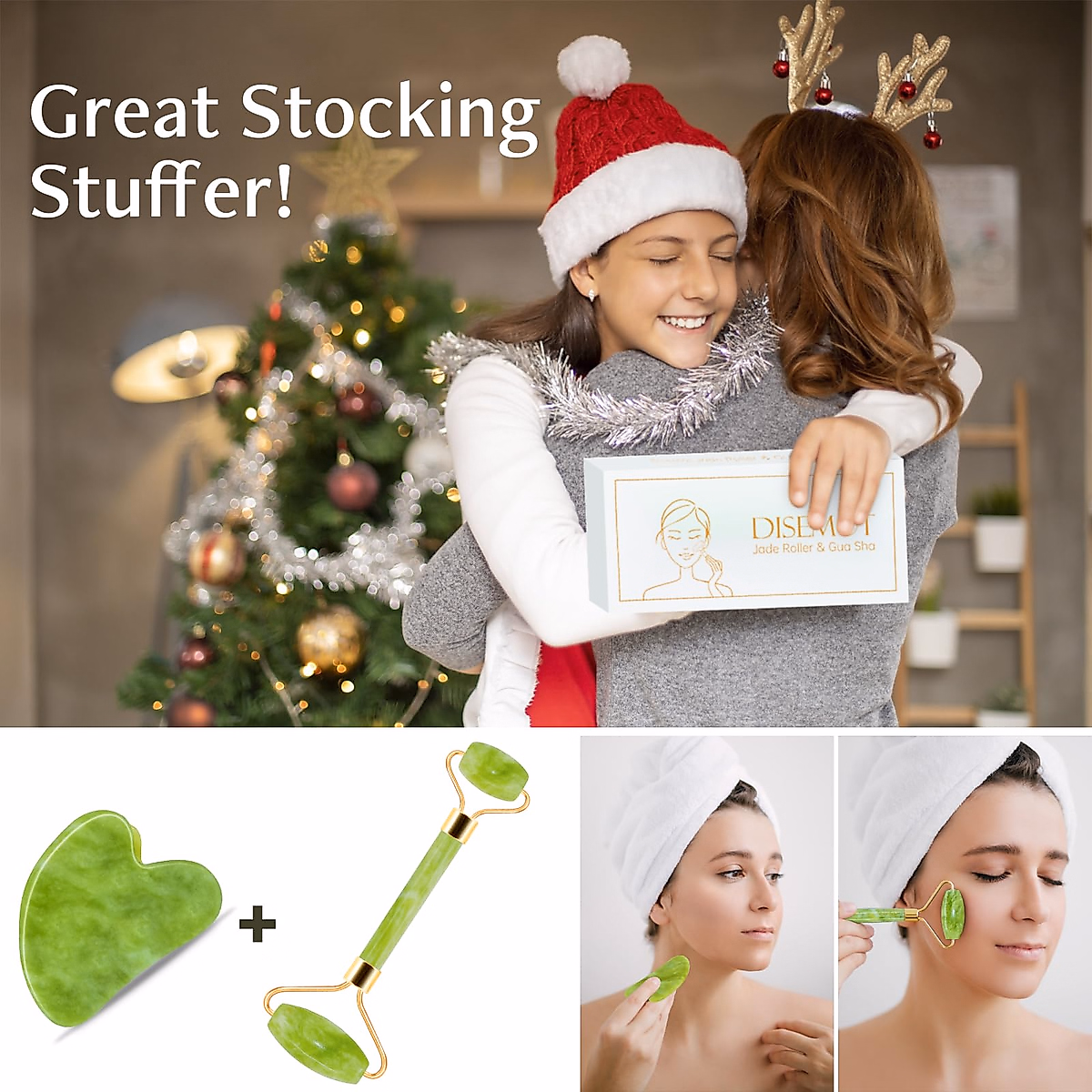 Disemot Jade Roller & Gua Sha Facial Tools, Natural Anti-Aging Jade Beauty Skin-Care Tool Face Roller to Rejuvenate Facial Skin Cooling, Slimming & Firming, Great as Stocking Stuffers