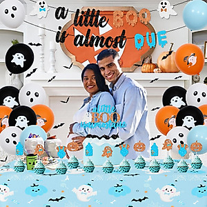 Balterever A Little Boo is Almost Due Baby Shower Decor Blue Orange Halloween Baby Shower Decors for Boys with Halloween Baby Shower Backdrop Cake Topper Spider Wall Sticker for Little Boo Party Decor