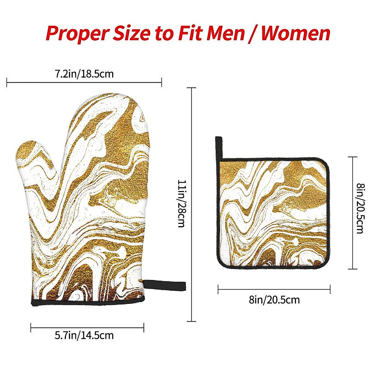 AOYEGO Golden Swirl Oven Mitts and Pot Holders Set of 3 Japanese Marble White Gold Brush Kitchen Heat Resistant Gloves Pad for Cooking BBQ