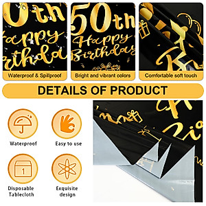 PHOGARY 50th Birthday Party Decorations Tablecloth, 3 Pack Happy Birthday Table Cover for Women Men, Bday Anniversary Theme Party Supplies Black and Gold Rectangular Tablecloths 54 × 108 in