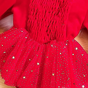 Newborn Baby Girl Christmas Outfit Long Sleeve Ruched Romper Dress Princess Tulle Dress Infant Christmas Dress(C-Red,0-6 Months)
