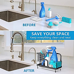 FixOwl Kitchen Sink Caddy Sponge Holder Organizer 304 Stainless Steel Sponge Caddy with Drip Tray, Black