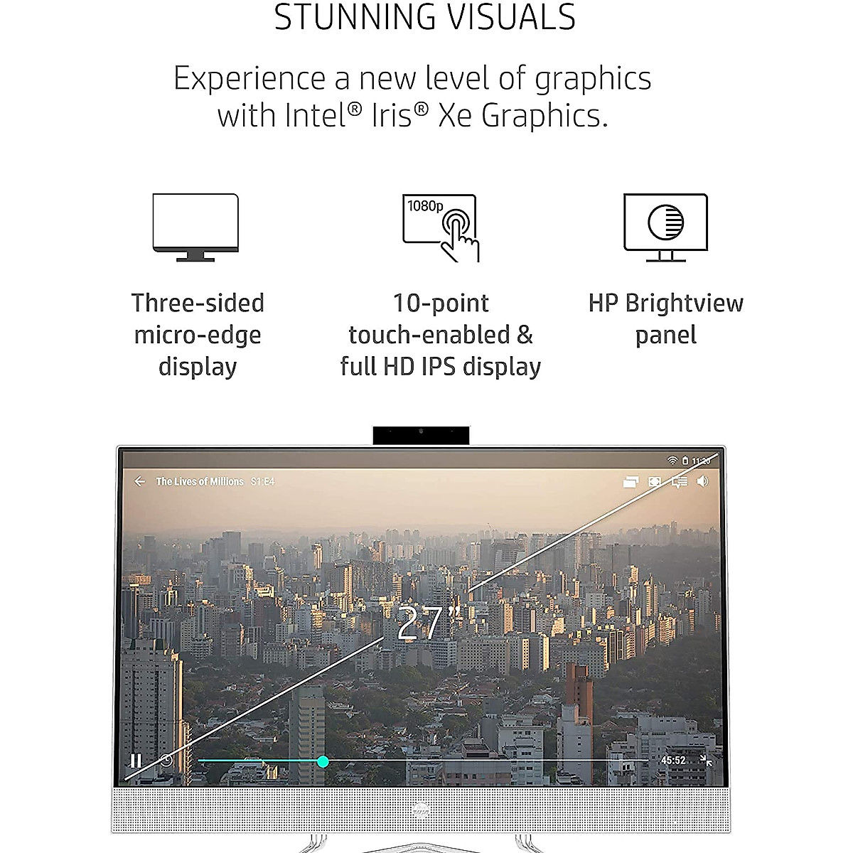 HP 2021 All-in-One Desktop, 27" Full HD Touchscreen, 11th Gen Intel Core i7-1165G7 Processor, 16GB RAM, 512GB PCIe SSD + 1TB HDD, Intel Iris Xe Graphics, Windows 10 Home, KKE Mousepad