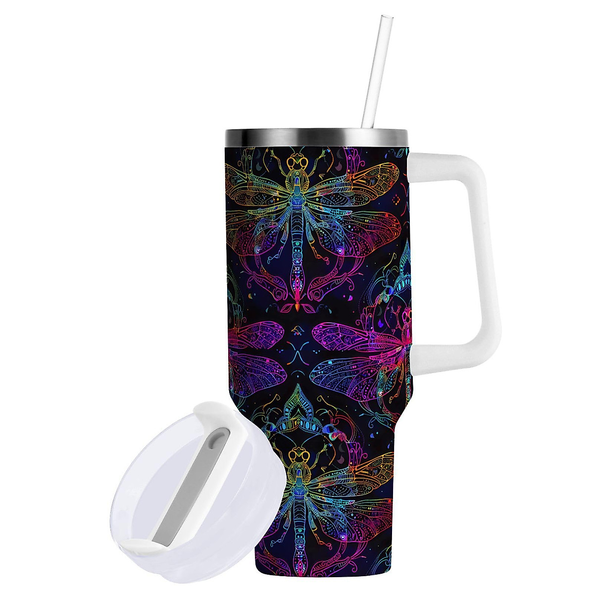 Emelivor Boho Dragonflies 40 oz Tumbler with Lid and Straw Insulated Tumblers with Handle Thermal Stainless Travel Coffee Mug Cup Water Bottle Fits in Car Cup Holder