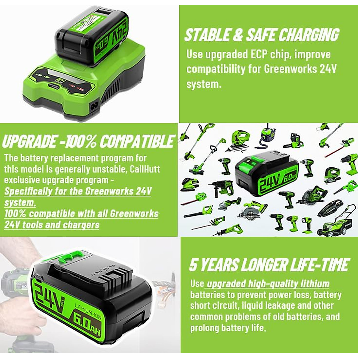 CaliHutt 【Upgrade!!】 2Pack 24V 6.0Ah Replacement Battery for Greenworks 24V/48V Max 29842 29852 29322 Lithium lon Battery 20352 22232 2508302 Cordless Tools
