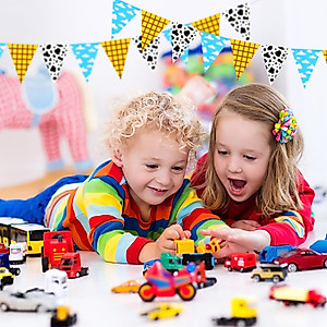 4pcs Cartoon Story Party Banner, Themed Birthday Banner Baby Shower Party Decor Blue Yellow Red Toy Themed Birthday Banner for Kids Birthday Baby Shower Decorations