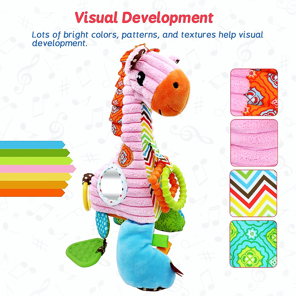 JERICETOY Car Seat Toy Baby Toy Infant Toy with Musical Box Stroller Toy Crib Toy Development Toy with Rattles Crinkle Teether Magic Mirror, Stroller Clip-On Carseat Cot Crib Bed Hanging Toy - Giraffe