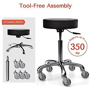 TASALON Rolling Stool - Adjustable Stool with Wheels - Soft Swivel Workbench Stool- Desk Stool Chair for Kitchen, Salon, Spa, Tattoo, Pedicure - Massage Stool Salon Stool Esthetician Chair – Black