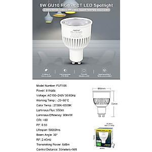 LGIDTECH FUT106 Miboxer 6W 2.4GHz WiFi Led Spotlight Bulb GU10 AC 100-240V RGB+CCT Color Changing,Temperature Adjustable,Memory Funtcion.Smartphone APP & Voice Control via Gateway hub(Excluded)
