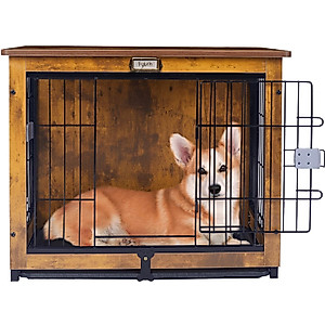 COPAW Dog Crate Furniture - 32 Inch Wooden Wire Pet Kennels with Double Doors Cushion and Removable Tray, Brown, Black