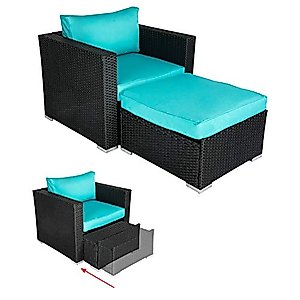 kinbor PE Wicker Lounge Chair with Ottoman, Cushioned Furniture Sofa for Outdoor Balcony Porch Deck Poolside