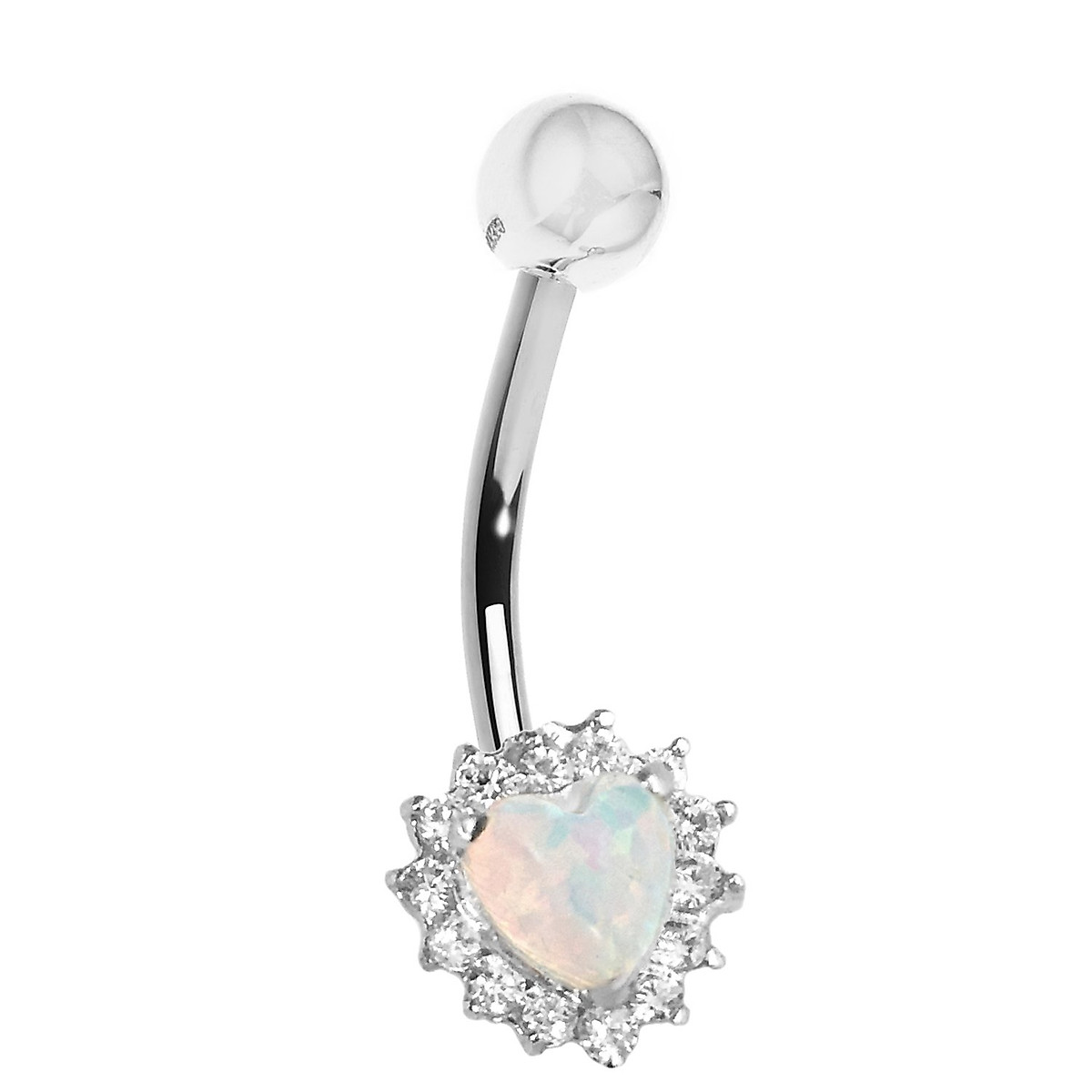 Ritastephens 14k White Gold Heart Created Opal Belly Navel Ring Cubic Zirconia
