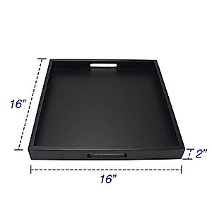 Square Wood Serving Tray with Handle, Ottoman Decorative for Home, 16x16 inches Black