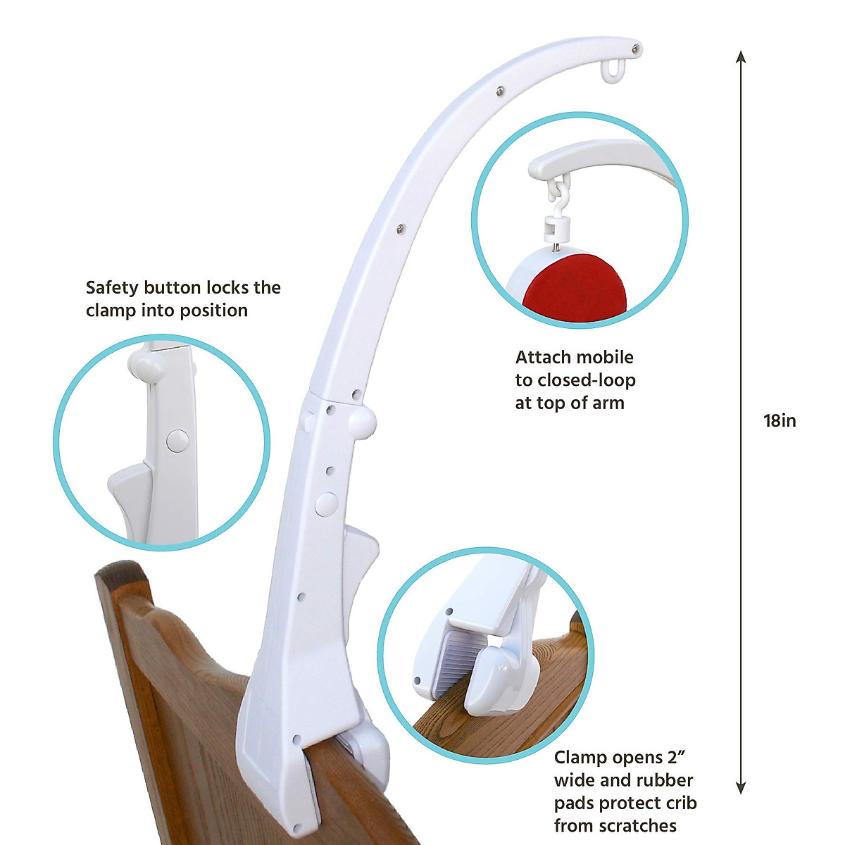 J.L. Childress Portable Crib Mobile Arm - 18 inch Foldable Arm with Attachment Clamp - Great for Travel - Rubber Padding to Protect Crib Railing - White