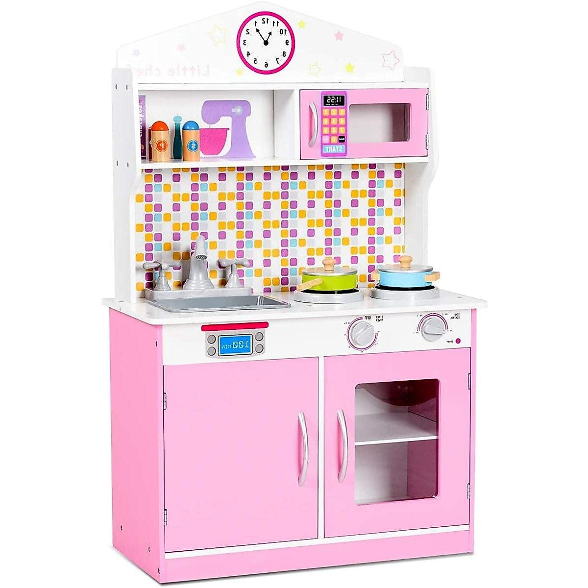 Fireflowery Kids Kitchen Playset, Wooden Cookware Set with Removable Sink, Pegs on The Wall, Microwave,Top Display Shelf, Play Kitchen for Toddlers 3+ (Pink)