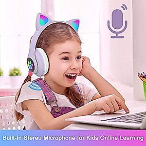 TOKANI Wireless Over-Ear Headphones with Microphone, Bluetooth Cat Ear Headphones for Kids Teens Adults Girls Women (Purple)
