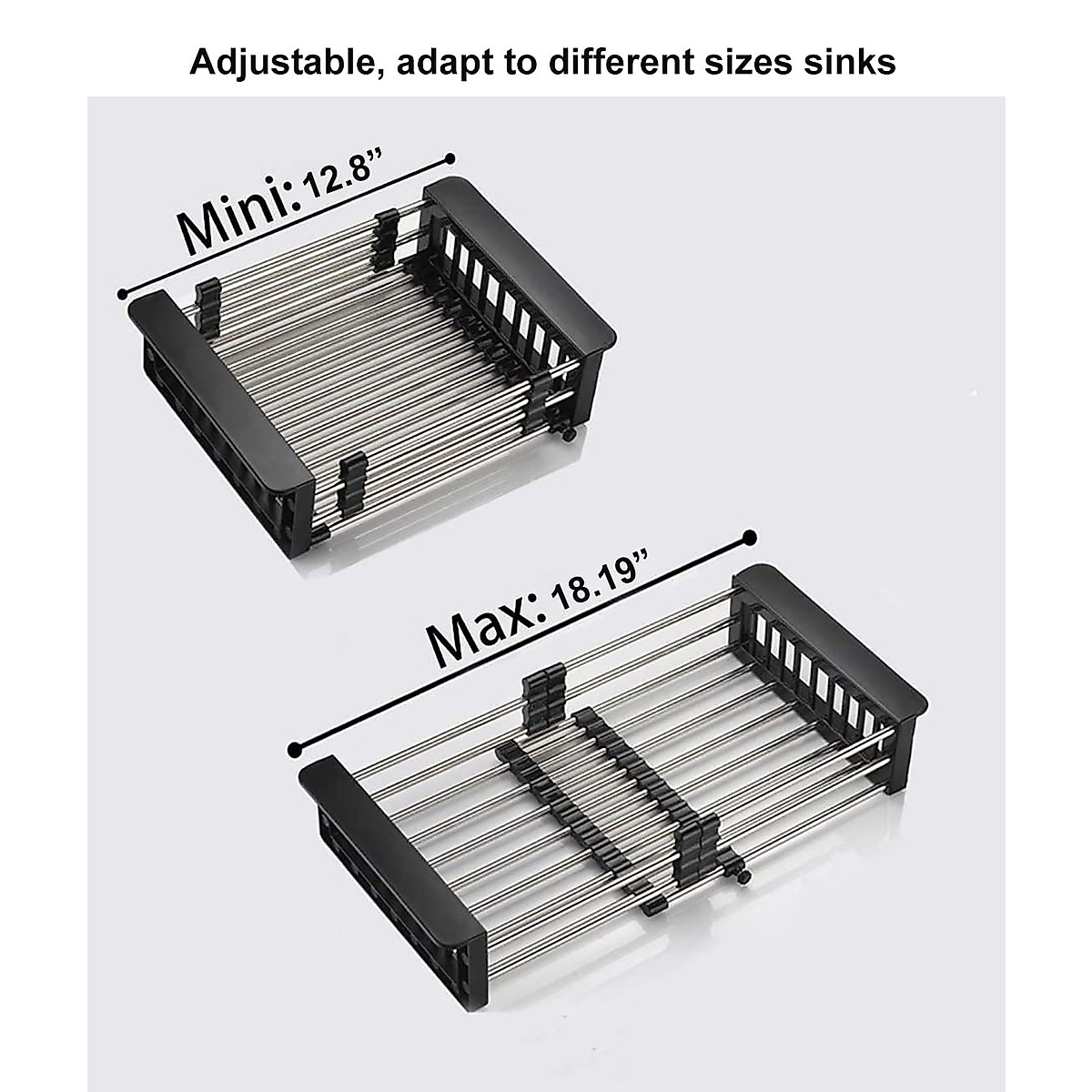 GULICA Dish Drying Rack, Adjustable Stainless Steel Drainer Basket Drain Tray for Dish Vegetable Fruit, On Counter Dish Rack or in Sink Over Sink Kitchen Basket Dish Drying Rack Grey